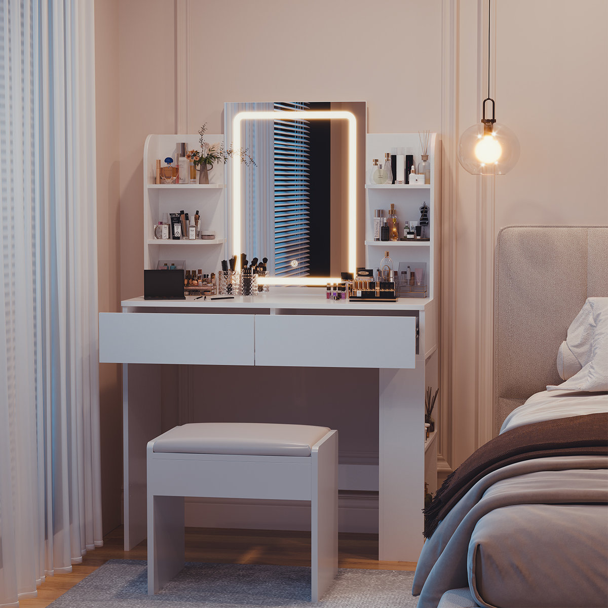 17 Stories Rooke Dressing Table 3 Colorful Makeup desk White Dressing Table With LED Light ...